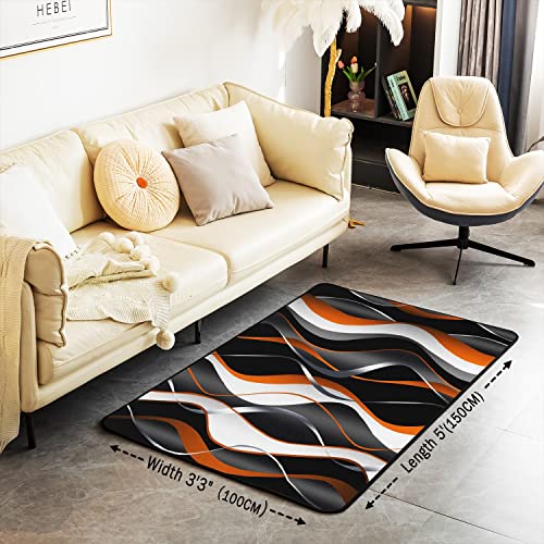 Orange Grey White Black Stripes Area Rug 3'x5' Geometric Living Room Rugs for Geometry Bedroom Home Decor Modern Striped Art Carpet Ultra Soft Non-Slip Indoor Floor Mat