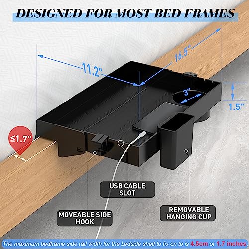 Ronlap Folding Bedside Shelf, Bunk Bed Shelf Organizer for Top Bunk Clip On Nightstand for College Dorm Loft Bed Plastic Bedside Shelf Tray for Kids with Cupholder Hooks Hanging Cup, Plus Size, Black