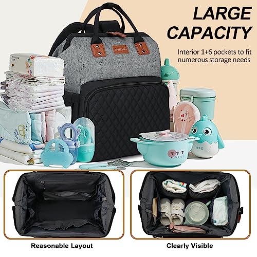 ROSEGIN Diaper Bag Backpack with Changing Pad, Pacifier Case - Black Gray Baby Bags for Girl Boy Newborn Unisex Infant Toddler - Baby Travel Bag for Mom Dad - Baby Shower, 30L Large Capacity