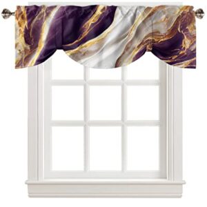 Sabolny Marble Purple Tie Up Valance Curtain for Kitchen Living Room Bedroom Bathroom Cafe, Rod Pocket Small Short Window Drape Panel Adjustable Drapary Print, Abstract Gold White Modern Art 54"x18"