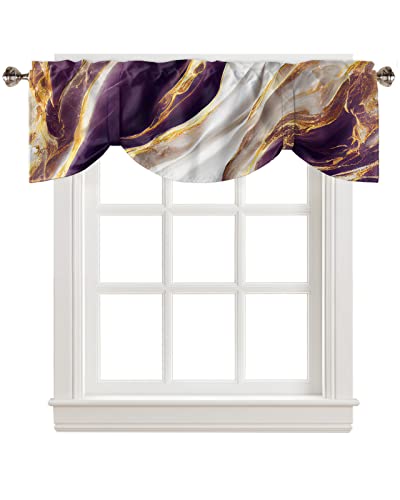 Sabolny Marble Purple Tie Up Valance Curtain for Kitchen Living Room Bedroom Bathroom Cafe, Rod Pocket Small Short Window Drape Panel Adjustable Drapary Print, Abstract Gold White Modern Art 54"x18"