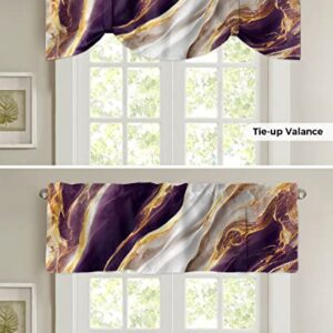 Sabolny Marble Purple Tie Up Valance Curtain for Kitchen Living Room Bedroom Bathroom Cafe, Rod Pocket Small Short Window Drape Panel Adjustable Drapary Print, Abstract Gold White Modern Art 54"x18"