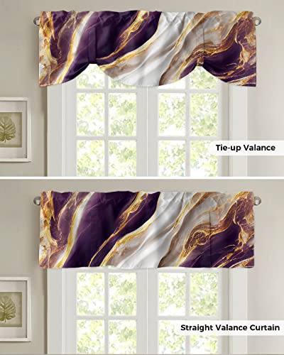 Sabolny Marble Purple Tie Up Valance Curtain for Kitchen Living Room Bedroom Bathroom Cafe, Rod Pocket Small Short Window Drape Panel Adjustable Drapary Print, Abstract Gold White Modern Art 54"x18"