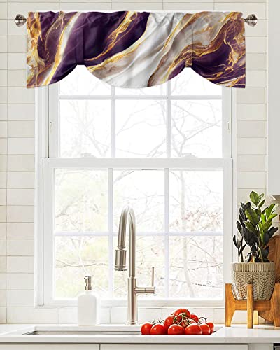 Sabolny Marble Purple Tie Up Valance Curtain for Kitchen Living Room Bedroom Bathroom Cafe, Rod Pocket Small Short Window Drape Panel Adjustable Drapary Print, Abstract Gold White Modern Art 54"x18"