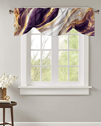 Sabolny Marble Purple Tie Up Valance Curtain for Kitchen Living Room Bedroom Bathroom Cafe, Rod Pocket Small Short Window Drape Panel Adjustable Drapary Print, Abstract Gold White Modern Art 54"x18"