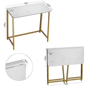 WOHOMO White Marble Folding Desk, 31.5" Small Desk for Small Spaces with Gold Legs, Easy Assemble Foldable Computer Desk, Mini Portable Working Table for Home Office, White and Gold