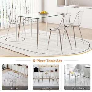 Ufurpie 5 Piece Glass Dining Table Set,47" Kitchen Table and Chairs for 4,Clear Dining Room Table Sets w/Silver Chrome Legs,Modern Dining Room Sets for Home, Kitchen, Dining Room(Silver)