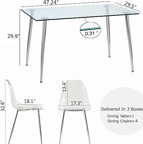 Ufurpie 5 Piece Glass Dining Table Set,47" Kitchen Table and Chairs for 4,Clear Dining Room Table Sets w/Silver Chrome Legs,Modern Dining Room Sets for Home, Kitchen, Dining Room(Silver)