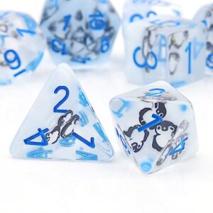 haxtec penguin dnd dice set 7pcs filled resin blue and white polyhedral d&d dice with animal inclusions role playing dice dungeons and dragons gift