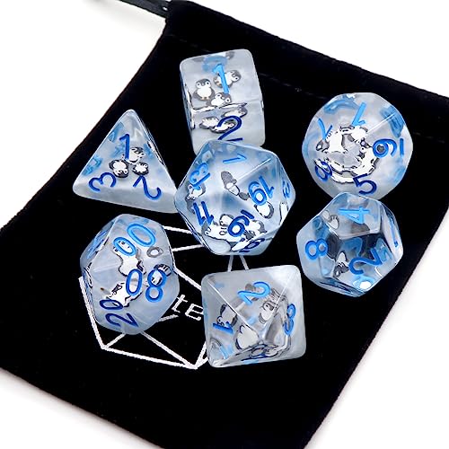 Haxtec Penguin DND Dice Set 7PCS Filled Resin Blue and White Polyhedral D&D Dice with Animal Inclusions Role Playing Dice Dungeons and Dragons Gift