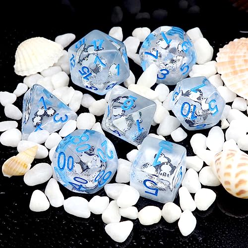 Haxtec Penguin DND Dice Set 7PCS Filled Resin Blue and White Polyhedral D&D Dice with Animal Inclusions Role Playing Dice Dungeons and Dragons Gift