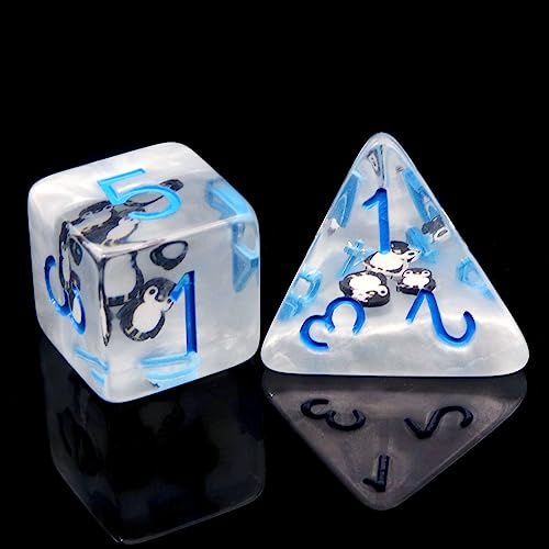 Haxtec Penguin DND Dice Set 7PCS Filled Resin Blue and White Polyhedral D&D Dice with Animal Inclusions Role Playing Dice Dungeons and Dragons Gift