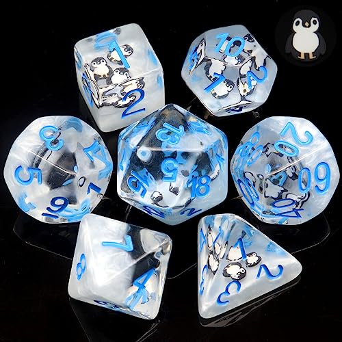 Haxtec Penguin DND Dice Set 7PCS Filled Resin Blue and White Polyhedral D&D Dice with Animal Inclusions Role Playing Dice Dungeons and Dragons Gift