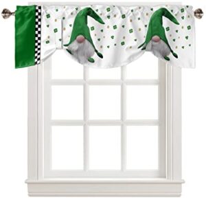 Tie-Up Valance Curtains for Window - St. Patrick's Day Cute Gnome Elves Shamrock Clover Gold Coin Black White Plaid Kitchen Valance - Light Filtering Valance Short Curtains with Adjustable Tie 54x18In