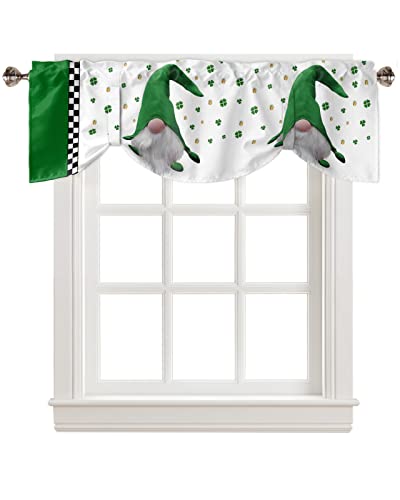 Tie-Up Valance Curtains for Window - St. Patrick's Day Cute Gnome Elves Shamrock Clover Gold Coin Black White Plaid Kitchen Valance - Light Filtering Valance Short Curtains with Adjustable Tie 54x18In