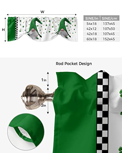 Tie-Up Valance Curtains for Window - St. Patrick's Day Cute Gnome Elves Shamrock Clover Gold Coin Black White Plaid Kitchen Valance - Light Filtering Valance Short Curtains with Adjustable Tie 54x18In