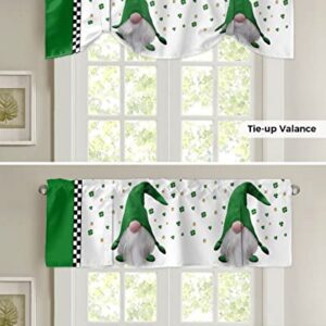 Tie-Up Valance Curtains for Window - St. Patrick's Day Cute Gnome Elves Shamrock Clover Gold Coin Black White Plaid Kitchen Valance - Light Filtering Valance Short Curtains with Adjustable Tie 54x18In