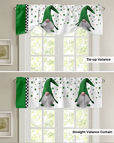 Tie-Up Valance Curtains for Window - St. Patrick's Day Cute Gnome Elves Shamrock Clover Gold Coin Black White Plaid Kitchen Valance - Light Filtering Valance Short Curtains with Adjustable Tie 54x18In