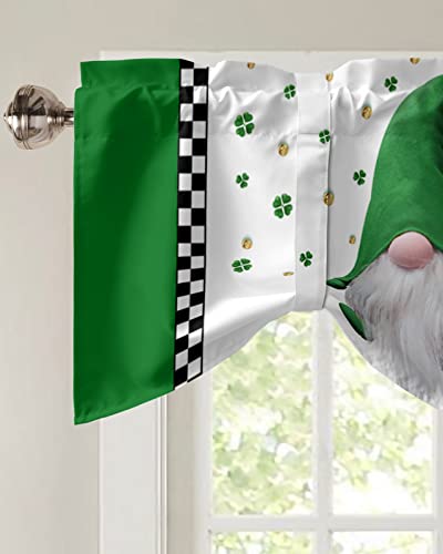 Tie-Up Valance Curtains for Window - St. Patrick's Day Cute Gnome Elves Shamrock Clover Gold Coin Black White Plaid Kitchen Valance - Light Filtering Valance Short Curtains with Adjustable Tie 54x18In