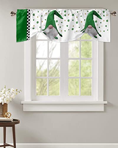 Tie-Up Valance Curtains for Window - St. Patrick's Day Cute Gnome Elves Shamrock Clover Gold Coin Black White Plaid Kitchen Valance - Light Filtering Valance Short Curtains with Adjustable Tie 54x18In