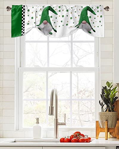 Tie-Up Valance Curtains for Window - St. Patrick's Day Cute Gnome Elves Shamrock Clover Gold Coin Black White Plaid Kitchen Valance - Light Filtering Valance Short Curtains with Adjustable Tie 54x18In