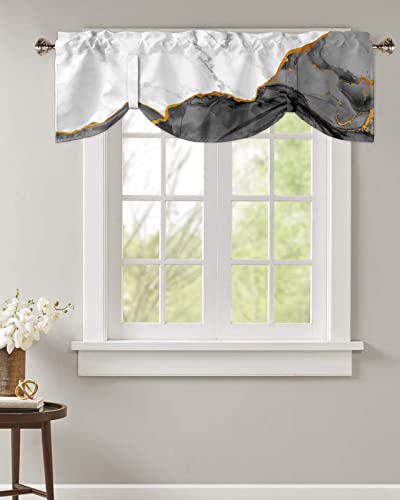 White Black Marble Tie Up Valance for Kitchen Windows, Adjustable Window Valance Kitchen Curtains Window Topper Short Curtain for Living Room, Abstract Gold Liquid Modern Art Rod Pocket Drape 42"x12"