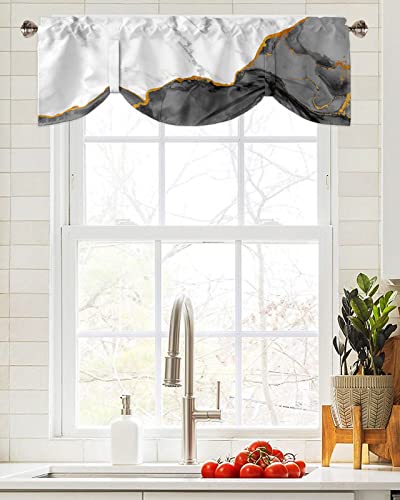 White Black Marble Tie Up Valance for Kitchen Windows, Adjustable Window Valance Kitchen Curtains Window Topper Short Curtain for Living Room, Abstract Gold Liquid Modern Art Rod Pocket Drape 42"x12"