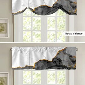 White Black Marble Tie Up Valance for Kitchen Windows, Adjustable Window Valance Kitchen Curtains Window Topper Short Curtain for Living Room, Abstract Gold Liquid Modern Art Rod Pocket Drape 42"x12"