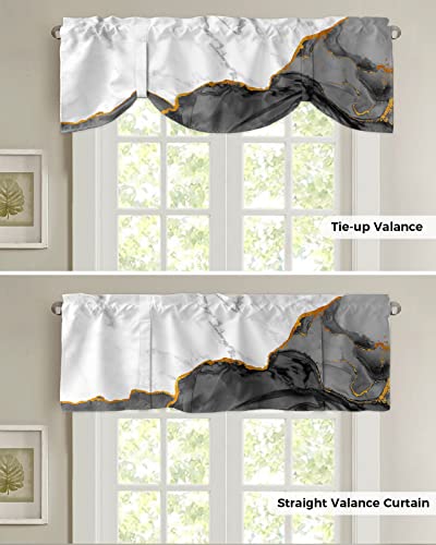 White Black Marble Tie Up Valance for Kitchen Windows, Adjustable Window Valance Kitchen Curtains Window Topper Short Curtain for Living Room, Abstract Gold Liquid Modern Art Rod Pocket Drape 42"x12"