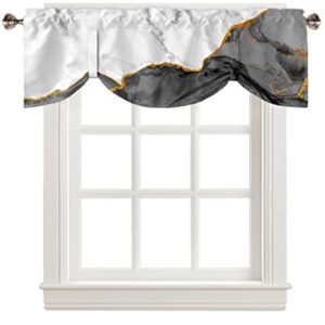 White Black Marble Tie Up Valance for Kitchen Windows, Adjustable Window Valance Kitchen Curtains Window Topper Short Curtain for Living Room, Abstract Gold Liquid Modern Art Rod Pocket Drape 42"x12"