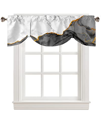 White Black Marble Tie Up Valance for Kitchen Windows, Adjustable Window Valance Kitchen Curtains Window Topper Short Curtain for Living Room, Abstract Gold Liquid Modern Art Rod Pocket Drape 42"x12"