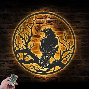 raven metal wall art with led light crow moon sign home decor black horror bird decoration man cave hanging door housewarming halloween