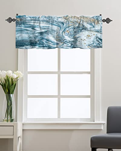 DoremiHome Marble Liquid Abstract Art Window Valance Rod Pocket Curtain Valance for Kitchen/Living Room,Blue White Gold Gradient Short Curtain Panels Window Treatment Decor Curtains 54x18in