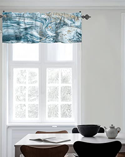 DoremiHome Marble Liquid Abstract Art Window Valance Rod Pocket Curtain Valance for Kitchen/Living Room,Blue White Gold Gradient Short Curtain Panels Window Treatment Decor Curtains 54x18in