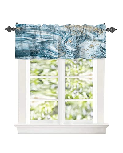 DoremiHome Marble Liquid Abstract Art Window Valance Rod Pocket Curtain Valance for Kitchen/Living Room,Blue White Gold Gradient Short Curtain Panels Window Treatment Decor Curtains 54x18in