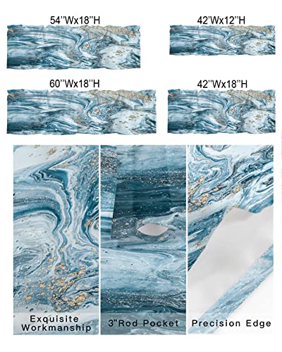 DoremiHome Marble Liquid Abstract Art Window Valance Rod Pocket Curtain Valance for Kitchen/Living Room,Blue White Gold Gradient Short Curtain Panels Window Treatment Decor Curtains 54x18in