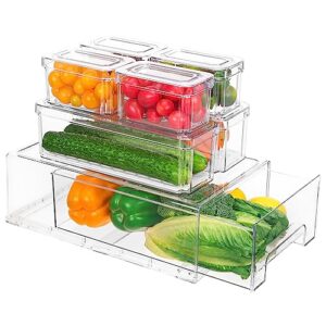 moretoes 7pcs rrifgerator organizer bins and drawer set, clear fridge organization box with lids stackable fridge drawer bpa-free for food fruit vegetable drinks kitchen