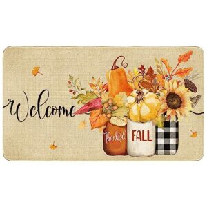 xsinufn fall door mat outside,pumpkin leaf sunflowers welcome mat for front door,thanksgiving autumn indoor outdoor non-slip rugs,fall doormat for farmhouse home porch decorations 30" x 17"