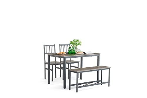 Tassullo 4pcs Kitchen Table Set, Small Dining Room Table Set and 2 Chairs for 4 with Bench, Sturdy and Noise-Free for Small Studio Apartment and Dorm Room (A)