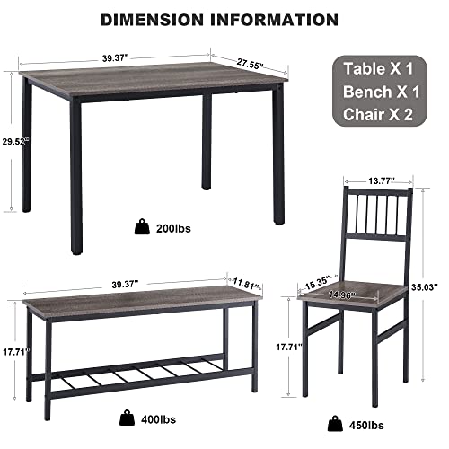 Tassullo 4pcs Kitchen Table Set, Small Dining Room Table Set and 2 Chairs for 4 with Bench, Sturdy and Noise-Free for Small Studio Apartment and Dorm Room (A)