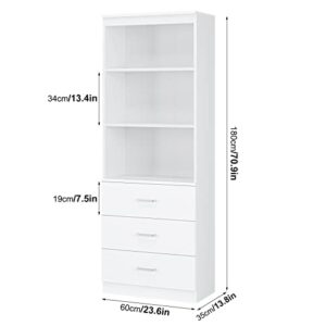 FOTOSOK 71 Inches Tall Storage Cabinet, Bookcase with 3 Drawers and 3-Tier Open Shelves, Wooden Bookshelf Storage Organizer for Living Room, Study, Kitchen, Home Office, White