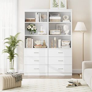 FOTOSOK 71 Inches Tall Storage Cabinet, Bookcase with 3 Drawers and 3-Tier Open Shelves, Wooden Bookshelf Storage Organizer for Living Room, Study, Kitchen, Home Office, White