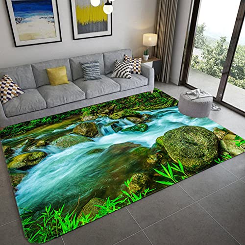 Non Slip Rugs Green White Stone Flowing Water Leaves Pattern Area Rugs Living Room Rugs for Indoor Home Decorative Shag Carpet Rugs 8x10 Feet / 240x300 cm