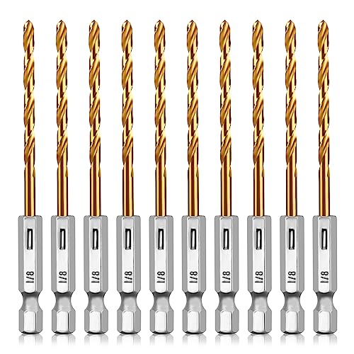 UBESTHS Titanium Twist Drill Bit Set, 10 Pcs 1/8" Hex Shank Drill Bits High Speed Steel for Wood, Plastic, Aluminum Alloy, Metal, Quick Change