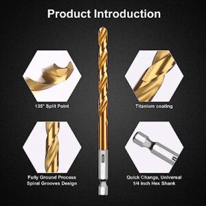 UBESTHS Titanium Twist Drill Bit Set, 10 Pcs 1/8" Hex Shank Drill Bits High Speed Steel for Wood, Plastic, Aluminum Alloy, Metal, Quick Change