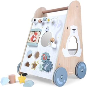 Upyearling - Wooden Baby Walker - Sit to Stand Learning Activity Walker for Boys and Girls - Easy to Grip Handle Push Walker - Built-in Toys and Activities - Promotes Motor Skills