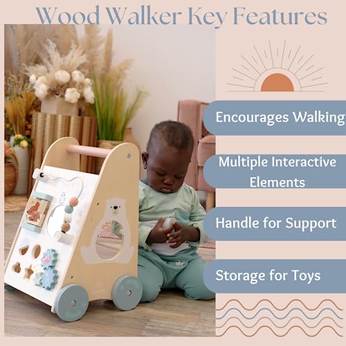 Upyearling - Wooden Baby Walker - Sit to Stand Learning Activity Walker for Boys and Girls - Easy to Grip Handle Push Walker - Built-in Toys and Activities - Promotes Motor Skills