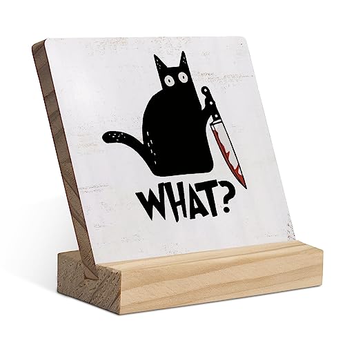 What Black Cat with Knife Wood Plaque with Wooden Stand,Halloween Black Cat Wooden Plaque Sign Desk Decor for Home Living Room Table Shelf Decorations