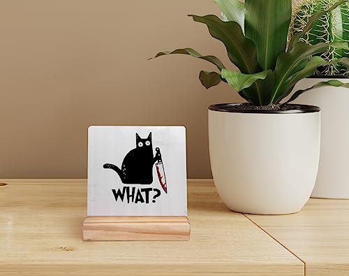 What Black Cat with Knife Wood Plaque with Wooden Stand,Halloween Black Cat Wooden Plaque Sign Desk Decor for Home Living Room Table Shelf Decorations