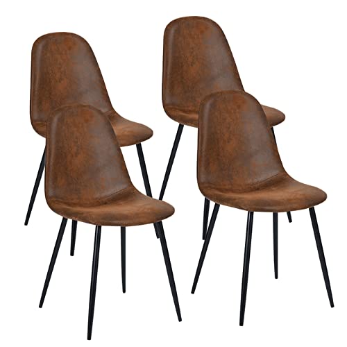 Dining Chairs Set of 4 Modern Suede PU Leather Comfortable Side Seating with Black Metal Legs for Kitchen, Guest, Brown